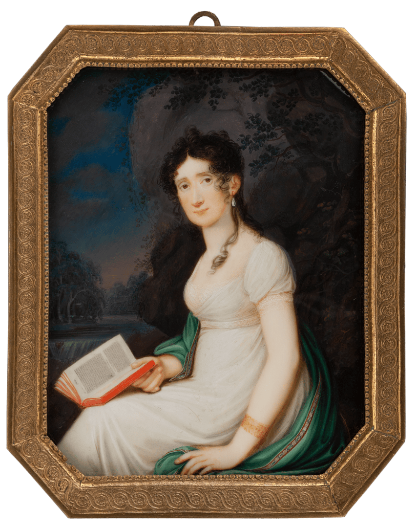 Junge lesende Dame in weißem Empirekleid | The Tansey Miniatures Foundation